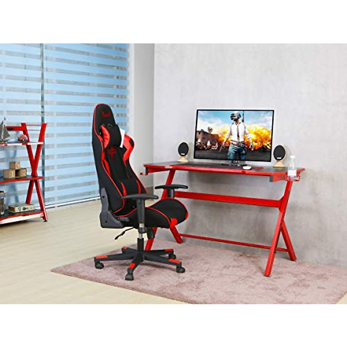 JJS 48" Home Office Gaming Computer Desk, R Shaped Large Gamer Workstation PC Table with Cup Holder Headphone Hook Free Mouse pad, Black/Red