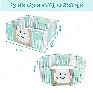HONEY JOY Baby Play Yards, 14 Panel Foldable Baby Playpen, Anti-Slip Base & Lockable Safety Gate, Indoor Large Baby Fence Play Area for Babies and Toddlers (Green, 14 Panel)