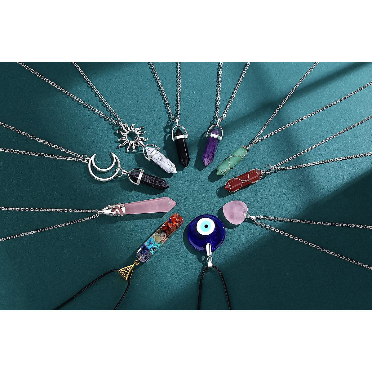 MAIBAOTA 10 Pcs Crystal Necklace Healing Amethyst Crystals Carnelian Chakra Necklaces Evil Eye Necklace Vintage Hippie Wiccan Boho Rose Quartz Moon Sun Jewelry Heart Gemstone Pendant for Women,