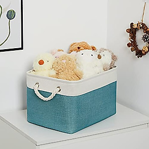 Bidtakay Set of 4 Bundled Baskets Storage Bins with Handles 15 X 11 X 9.5 Inches (White&Teal Blue)