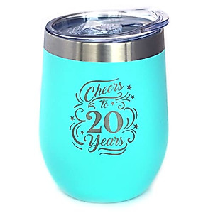 Cheers to 20 Years - Wine Tumbler Glass with Sliding Lid - Stainless Steel Insulated Mug - 20th Anniversary Gifts and Party Decor - Teal