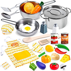 JOYIN Kid Play Kitchen, Pretend Daycare Toy Sets, Kids Cooking Supplies with Stainless Steel Cookware Pots and Pans Set, Cooking Utensils, Apron&Chef Hat and Grocery Play Food Sets, Toddler Gifts