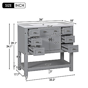 Merax 36" Bathroom Vanity with Sink Combo, Modern Wood Fixture Stand Storage Cabinet Set W/2 Soft Closing Doors and 6 Drawers, Grey