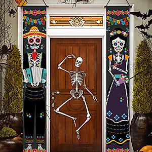 Day of the Dead Banner Decoration, 2 Pieces Dia De Los Muertos Porch Sign Mexico Welcome Hanging Wall Banner for Festival Halloween Indoor Outdoor Events Yard Supplies Decor 11.8 x 70.9 Inch