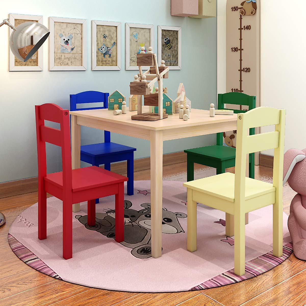 Costzon Kids Table and Chair Set, 5 Piece Wood Activity Table & Chairs for Children Arts Crafts, Homework, Snack Time, Preschool Furniture, Gift for Boys Girls, Toddler Table and Chair Set, Multicolor