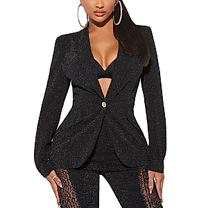 WDIRARA Women's Sequin Glitter V Neck Blazer Long Sleeve Button Front Open Front Blazer Stand Collar Jacket Waistcoat Black L
