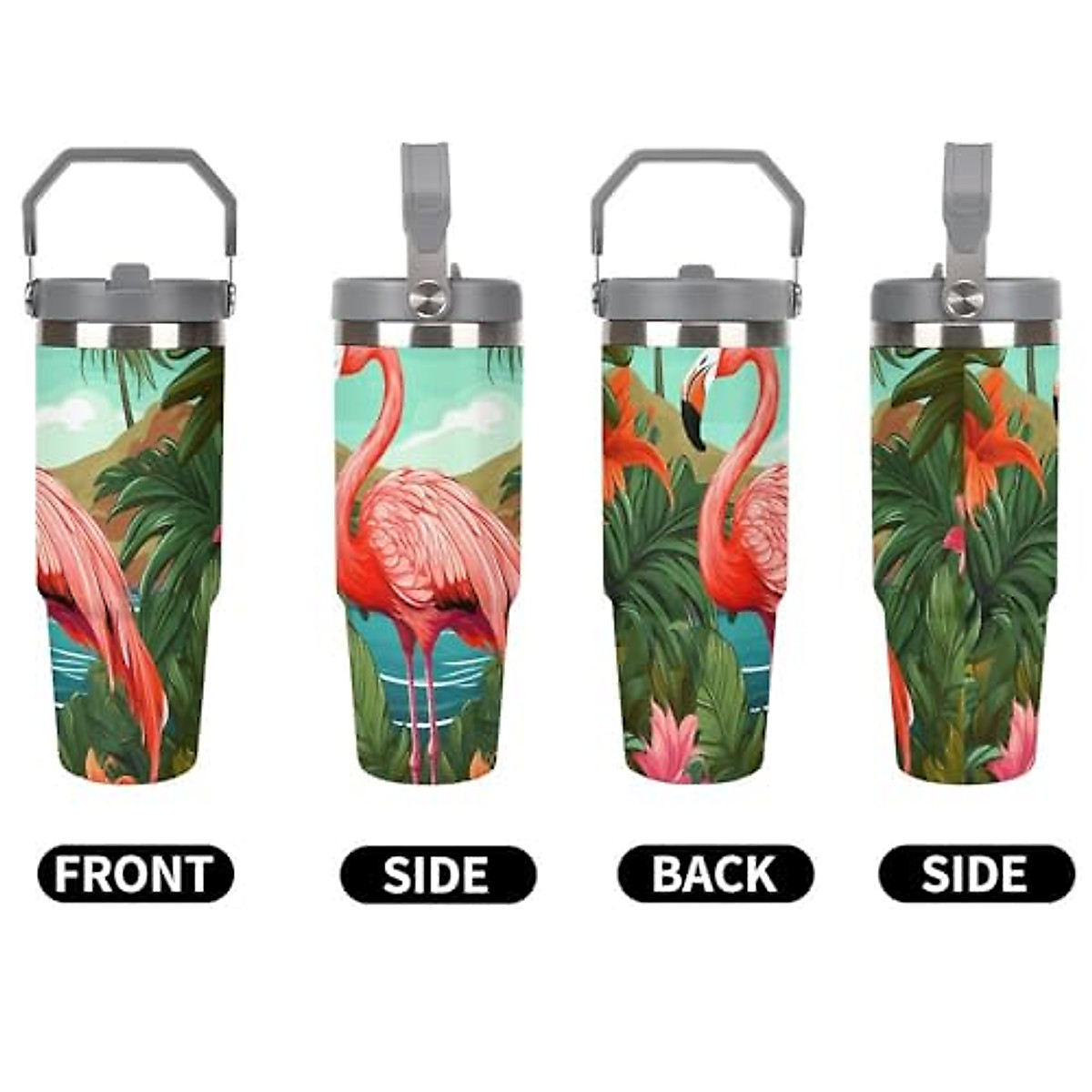 BWQJKUO Large Capacity Car Cup 30 Oz Stainless Steel Tropical Flamingo Printed Travel Mug Leak-proof Flip Straw Tumbler with Handle,keeps Cold Or Ho