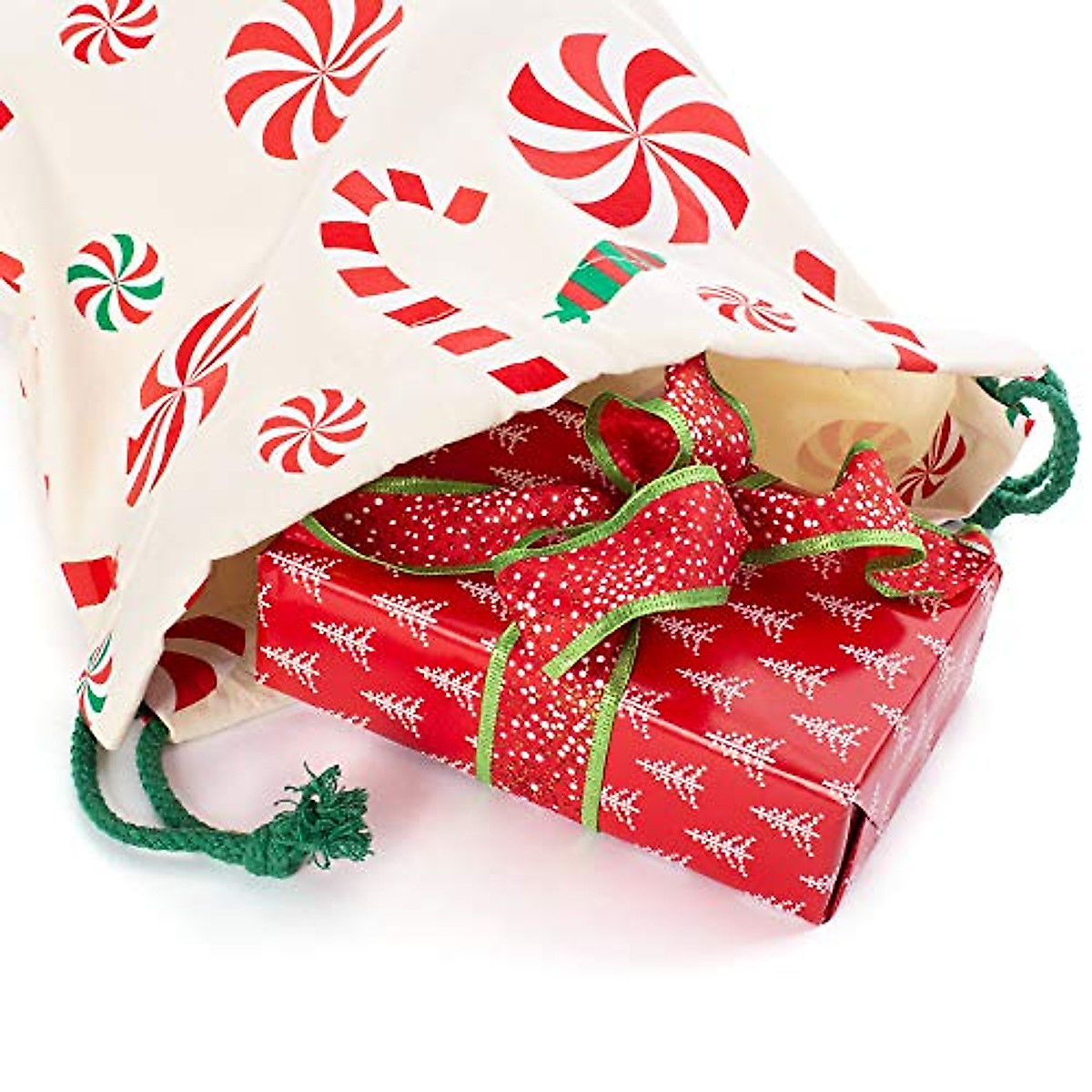 Pudgy Pedro's Party Supplies - Christmas Canvas Gift Bags - X-Large 26" x 19" Cream Peppermint Candy Cane - Jumbo Fabric Present Stocking - 1 ct