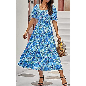 PRETTYGARDEN Women's Summer Puff Sleeve Floral Maxi Dress Square Neck Smocked Boho Flowy A Line Casual Beach Long Dresses (Big Floral White and Blue,Large)