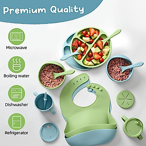 MumEZ Silicone Baby Feeding Set, Baby Led Weaning Utensils, Adjustable Silicone Bibs, Baby Plates and Bowls with Suction, Baby Spoons Forks, Sippy Cup, Baby Eating Essentials(Ether&Sage)