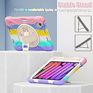 SIBEITU iPad Mini 6 Case 8.3 inch 2021 for Kids Girls with Pencil Holder, Heavy Duty Kids Proof W/Stand Hand&Shoulder Strap for Drawing Rainbow Pink