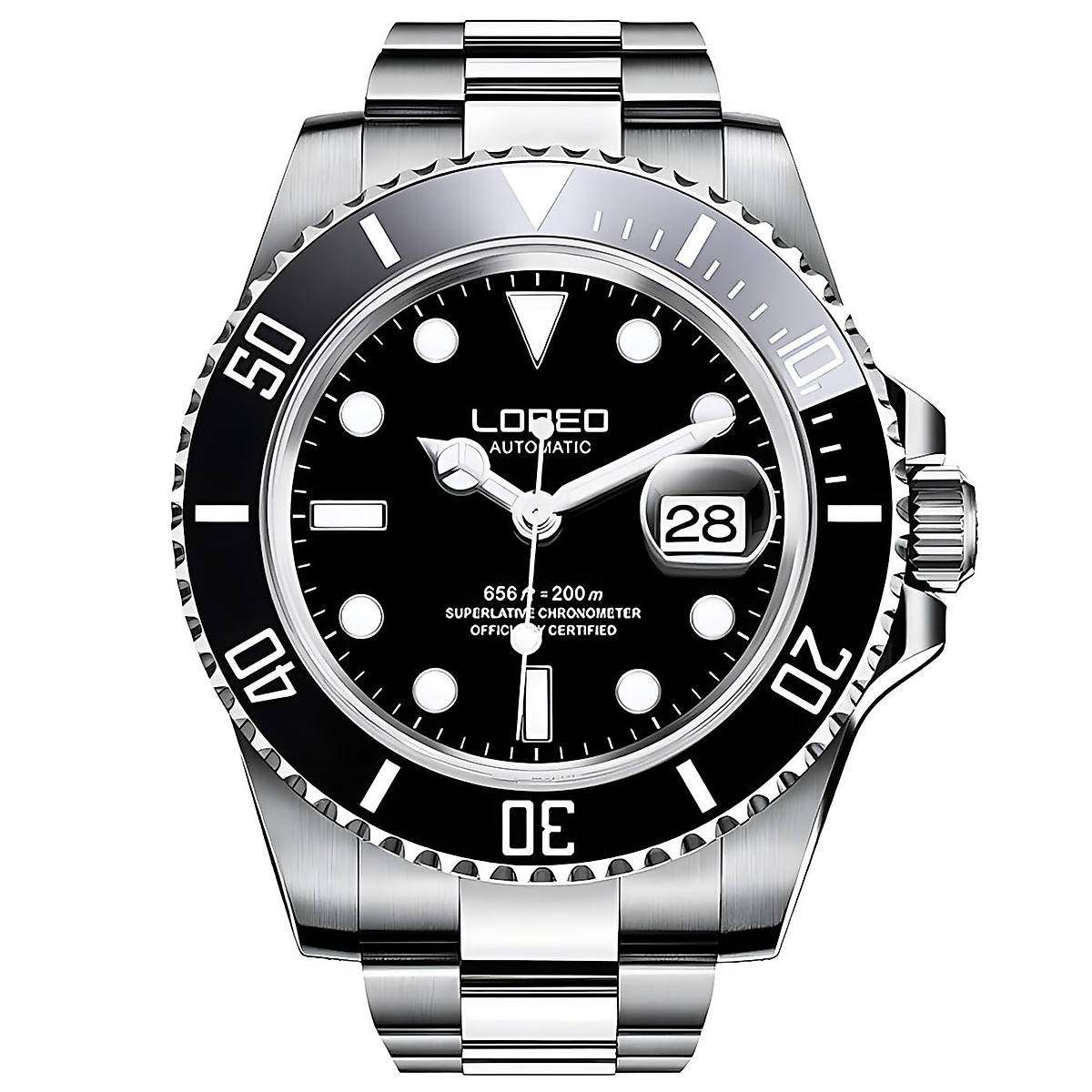 LOREO Luxury Automatic Watch for Men Sapphire Crystals Black Rotating Bezel Luminous Markers and Hands Date 316L Stainless Steel Case and Bnad Waterproof Watch