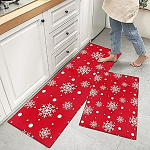 Miaklek Red Snowflakes Rugs for Kitchen Floor, Farmhouse Kitchen Mats Cushioned Anti Fatigue 1 Piece Set, Anti-Fatigue Mats Kitchen Runner Rug 18x47.2in, Seasonal Winter Christmas Holiday Decorations