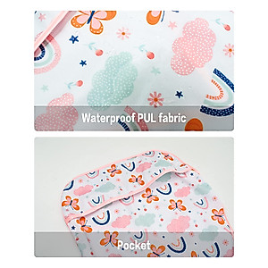 Mumsbest Waterproof Bibs for Baby Girl, 2 Pack Toddler Feeding Smock Bibs for Eating with Food Catcher & 1 Wet Bag (L：2-4Years, Pink)