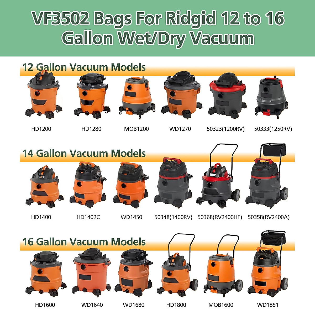 12 Pack 23743 VF3502 Vacuum Bags Compatible with Ridgid 12 to 16 Gallon Wet Dry Vacuums, High Efficiency Replacement Filter Bags for Model WD1950 WD1956 WD1850 WD1851 RV2400HF WD1450 WD1680 WD1270