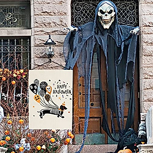 Happy Halloween Skeleton Dachshund Dog Garden Flag Double-Sided Skeleton Dachshund Dog with Skull Spooky Face Balloons Yard Flag for Halloween Holidays Outdoor Yard Decorations 12x18 inch (halloween Skeleton dachshund dog)