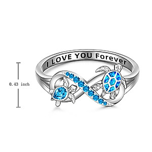 Sea Turtle Ring Blue Opal 925 Turtle Rings for Women Sterling Silver Infinity Cute Ocean Tortoise Jewelry I Love You Forever BFF Mother Day Christmas Gifts Size 6