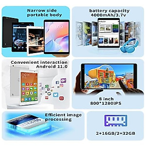 Android Tablet 8 inch, Android 11.0 16GB Storage 128GB TF Expansion Tablets, Quad-core A7 Processor 800x1280 IPS HD Touchscreen Dual Camera Tablets, Support WiFi, Bluetooth