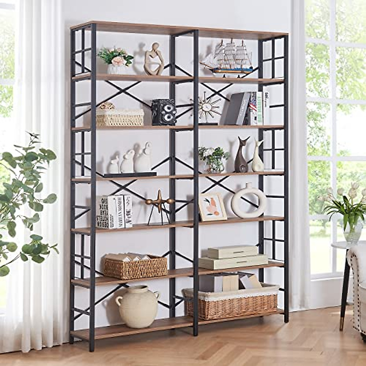 HOMISSUE Double Wide 7-Tier Bookshelf,Industrial Bookcases with Metal Frame,Open Large Storage Bookshelves,Wood and Metal Tall Display Shelves for Living Room Office,Rustic Brown