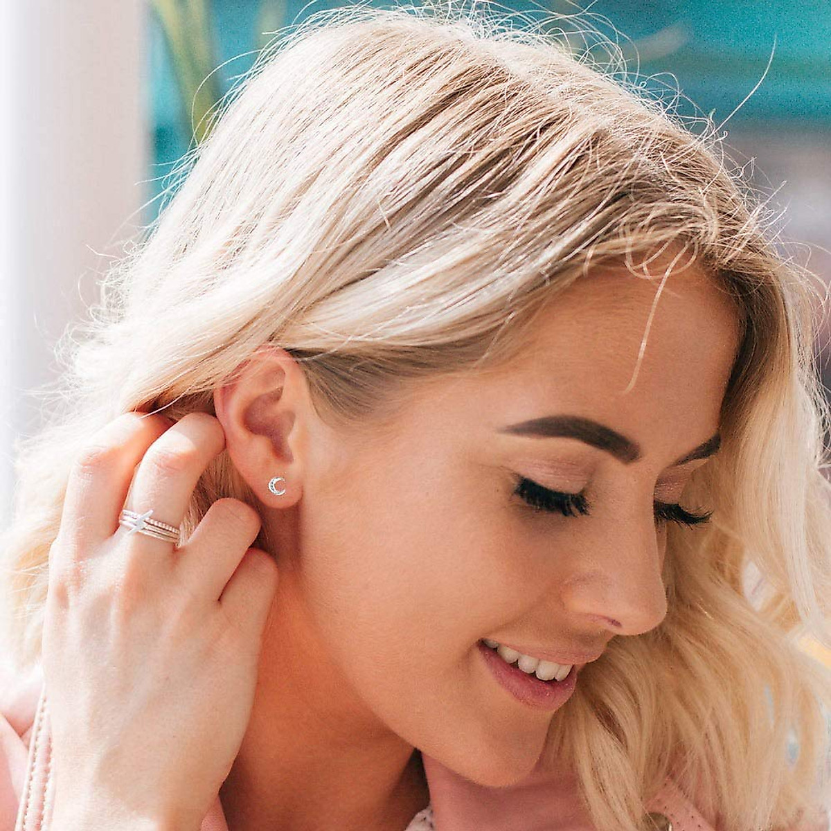 Rnivida 925 Sterling Silver Small Moon Stud Earrings, Silver Cz Crescent Moon Stud Earrings for Women