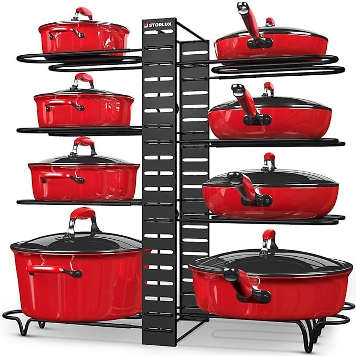 STORLUX Pot and Pan Organizer for Cabinet, Adjustable 8 Non-Slip Tiers Pot Rack with 3 DIY Methods, Kitchen Cabinet Organizer for Pots and Pans, Black Steel Cookware Organizer (UPGRADED)