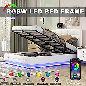 BIADNBZ Full Size Tufted Upholstered Platform Bed with Hydraulic Storage System, Lift Up Storage Bedframe w/LED Lights and USB Charger, White