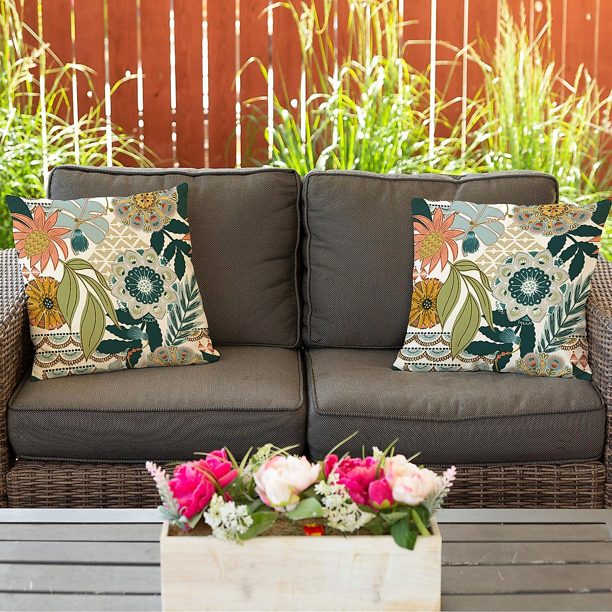 Jartinle Boho Flowers Leaves Outdoor Pillow Covers 16x16 Inch Set of 2 Waterproof Decorative Floral Square Outdoor Pillows for Patio Furniture Couch Bench Chair