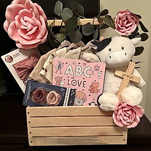 Wooden Baby Shower Crate Closet,Baby Basket with Handle,Large Baby Storage Crate Hamper,Baby Shower Gifts,Wooden Gift Crate,Welcome Gifts Basket for New Born Girls Boys,Pregnancy Gifts for New Parents
