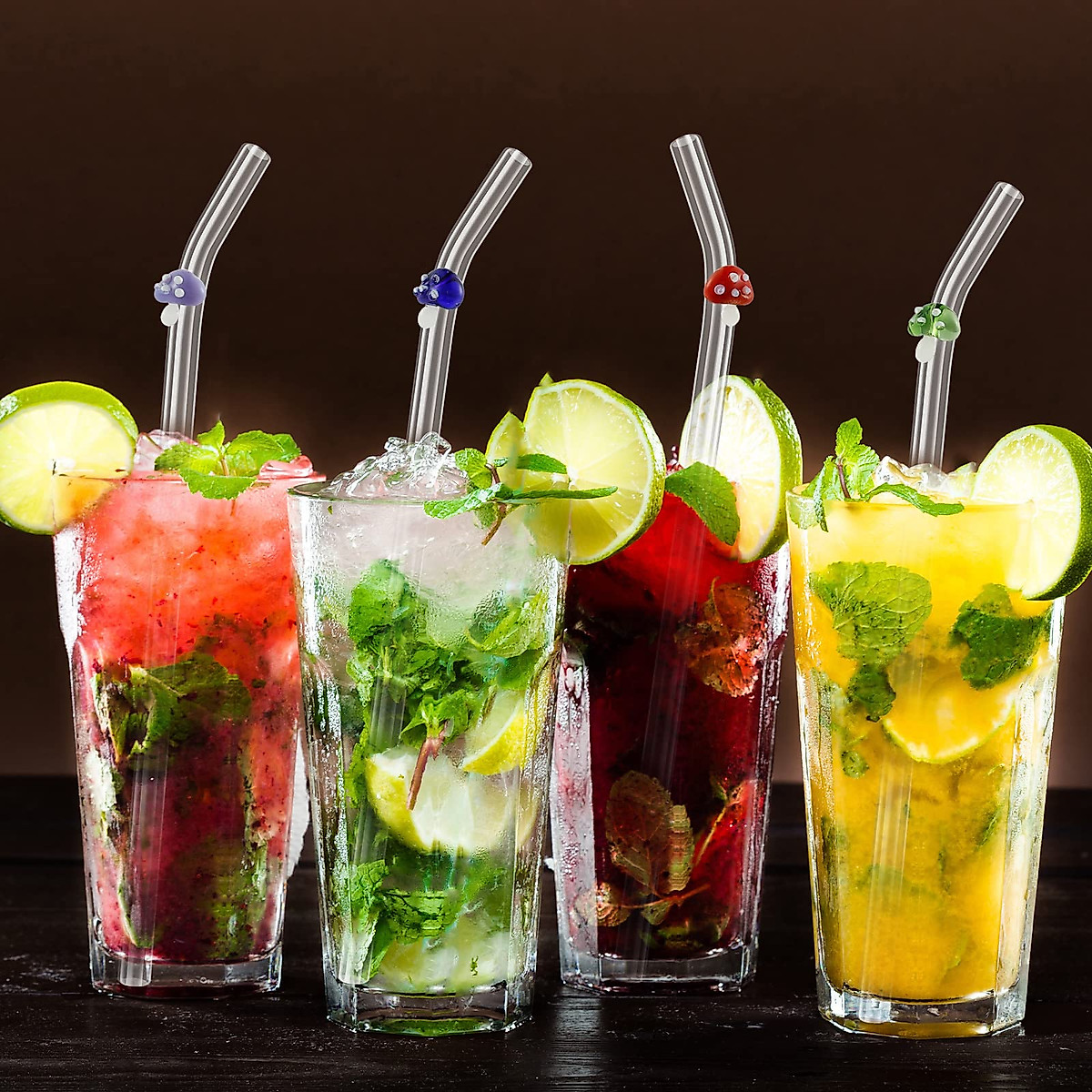 5/6Pcs Reusable Glass Straws, with 2 Cleaning Brushes, Clear Cute Butterfly Cherry Mushroom Straws Heat-Resistant Glass Straws for Smoothies Tea Juice Milkshakes Dishwasher Safe (Mushroom)