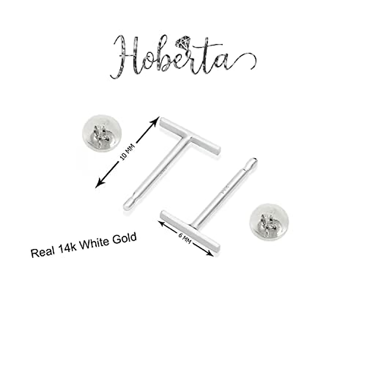 Hoberta Real 14K Solid Gold Tiny Line Bar Stud Earrings for Women & Girls - Hypoallergenic for Sensitive Ears, Small & Minimalist Jewelry for Gifts (Small Line White Gold)