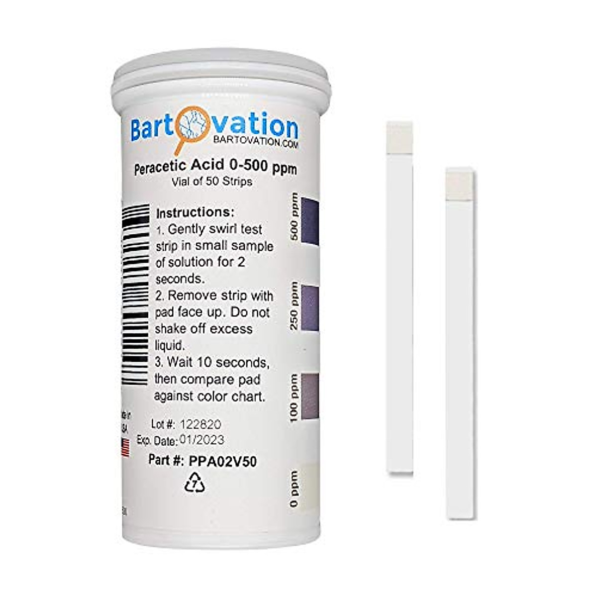Peracetic Acid Test Strips, High Level, 0-500 ppm [Vial of 50 Strips]