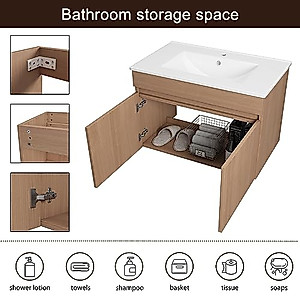 Ymlpre Floating Bathroom Vanity 36 Inch, Wall Mounted Bathroom Cabinet Sink Combo Set with 2 Doors, Ceramic Basin Sink Float Mounting Bathroom Vanity Cabinet for Washroom, 36 Inch Light Oak