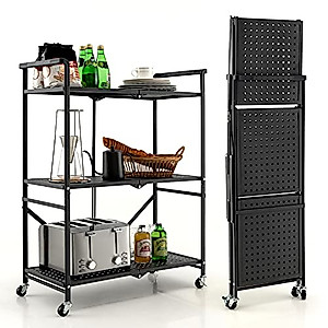 Tangkula 3-Tier Foldable Storage Shelves, Steel Storage Rack with 2 Handles, 4 Caster Wheels and Hook Buckle, Collapsible Utility Cart for Garage Kitchen, 3-Shelf Metal Shelving Units (1, Black)