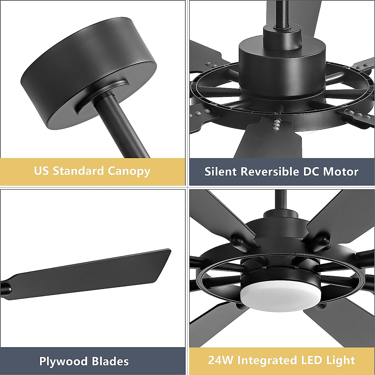 ELEHINSER 60" Ceiling Fan with Lights and Remote Control, Wood 8 Blades 6-Speed Noiseless Reversible DC Motor, Modern Windmill Ceiling fan for Kitchen Bedroom Dining Living Room, Black