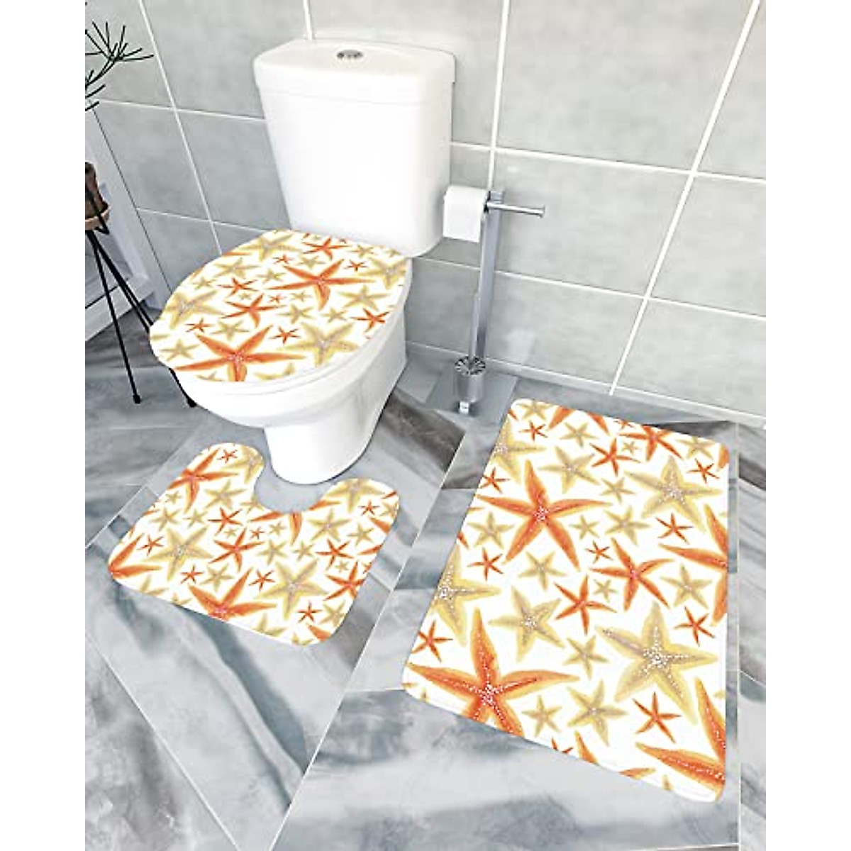 Ocean Starfish Bathroom Rugs Mat Sets 3 Piece, Bath Shower Rugs with U-Shaped Contour Toilet Mat, Orange Yellow Summer Beach Coastal Nautical Small Absorbent Bathtub Runner Rugs Floor Mats