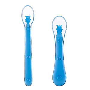 Baby Infant Silicone Spoon First-Stage - Soft Training Spoons Utensils for Babies Solid Feeding, Self Feeding for Kids Toddlers Children 4 Months Led Weaning Gum-Friendly Great Gift Set 2 Pack (Blue)