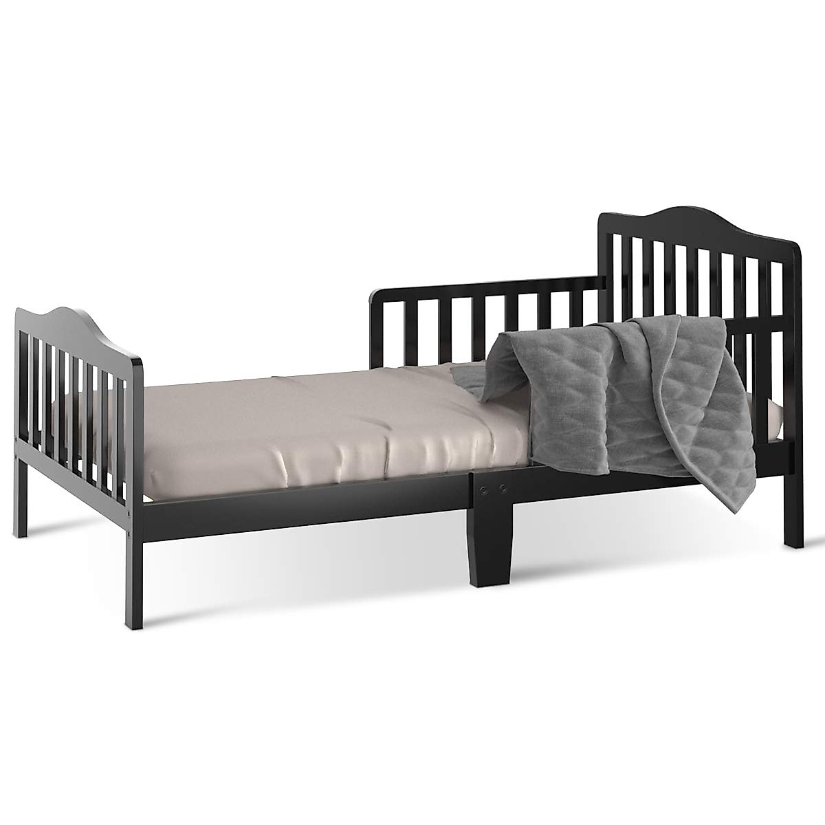 HONEY JOY Toddler Bed Frame, Solid Rubber Wood Frame w/Safety Guardrail, Fits Crib Full Size Mattress (Not Included), Children Classic Sleeping Bedroom Furniture for Kids Boys Girls (Black)