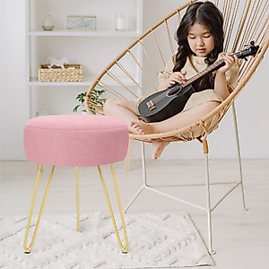 YOONIC Velvet Soft Modern Vanity Stool -Round Footrest Stool Ottoman Side Table Seat Dressing with Golden Metal Leg and Sponge Filling,Upholstered Foot Rest, for Living Room and Bedroom Pink