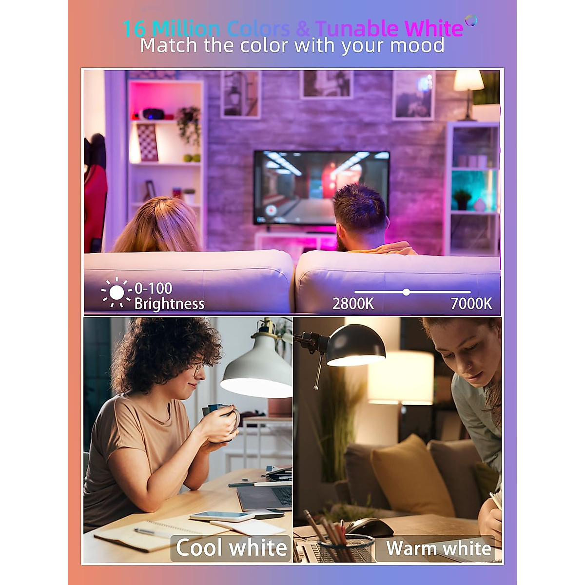 YIZCO Color Changing Led Light Bulb 9W 60W Equivalent A19 Bluetooth Light Bulbs Dimmable RGB Home Lighting 2 Pack (Don't Support WiFi/Alexa)