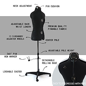 PDM WORLDWIDE Black Dress Form Adjustable Mannequin for Sewing, Female Size 6-14 Pinnable Body Form with 13 Dials & Detachable Casters, 42.5"-60" Height Range for Clothing Display, Small to Medium