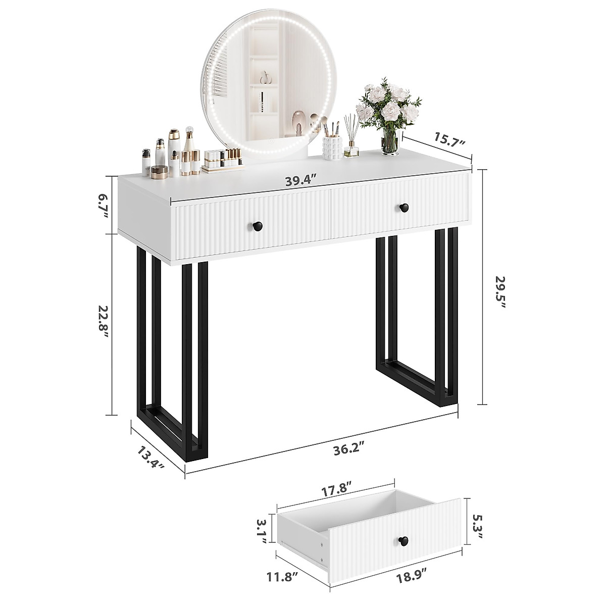 GarveeHome Vanity Desk with Mirror and Lights, Small Makeup Vanity with 2 Drawers, Modern Vanity Organizer with 3 Color Lights＆Adjustable Brightness, Dressing Table for Bedroom, White