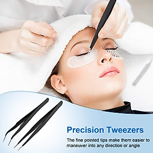 2 Pieces Straight and Curved Tip Tweezers Eyelash Extension Tweezers, Stainless Steel False Lash Application Tools (Black)
