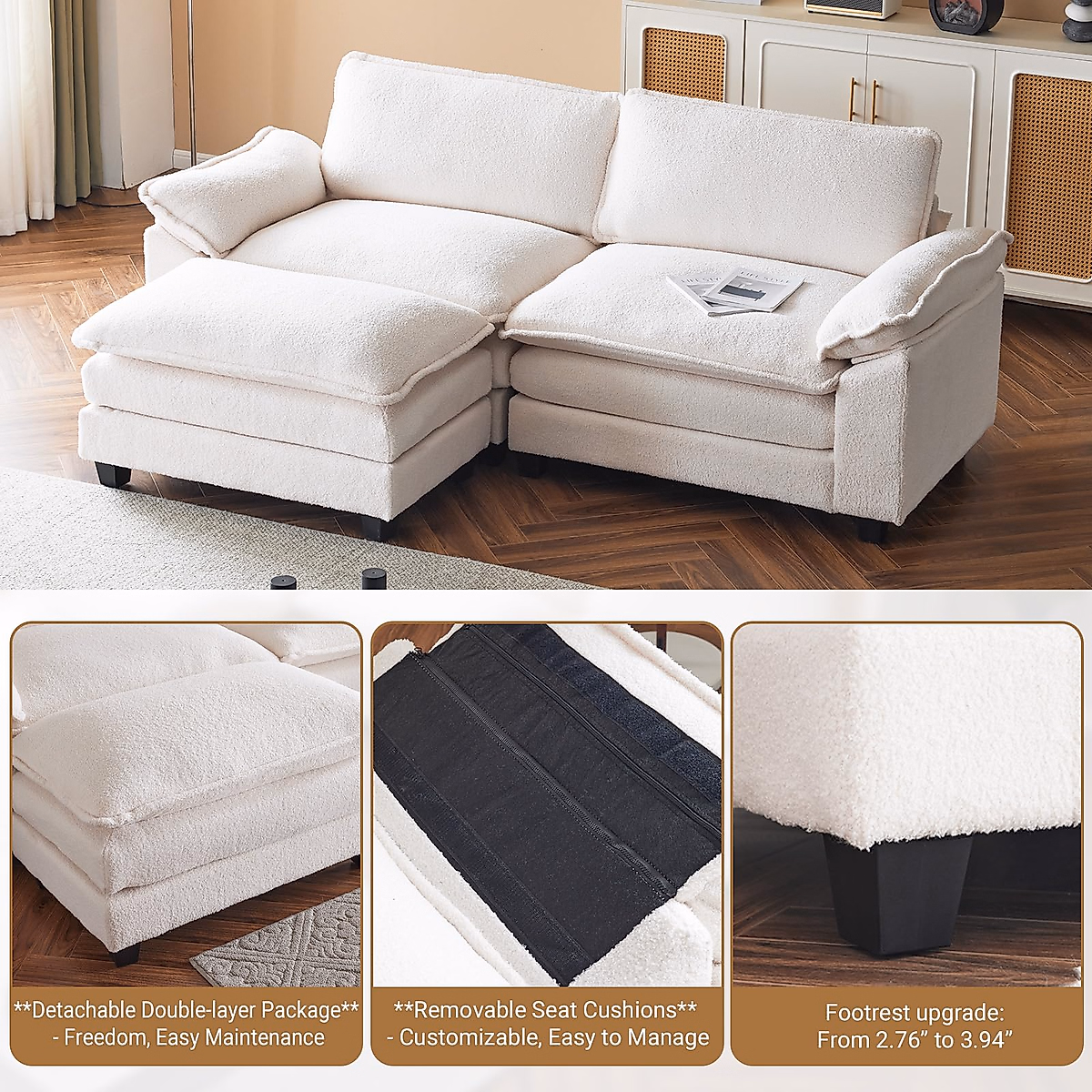 VINGLI 87" Convertible Sectional Sofa,L-Shaped Deep Seat Sofa Couch for Living Room,Modern 2-Seat Loveseat Sofa with Ottoman for Small Space(White,Faux Sherpa, 87")