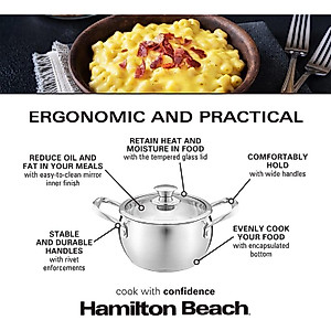 Hamilton Beach 4QT Stainless Steel Belly Design Dutch Oven Pot with Glass Lid and Stay-Cool Riveted Handles, Multipurpose Stewpot Skillet, Compatible with All Stove Tops, Oven & Dishwasher Safe
