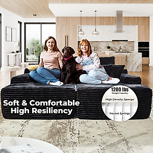 CAODOC Modular Sectional Sofa Bed,81"x 66" No Assembly Required Lounge Chaise Chair with Removable Ottoman,Cloud Plush Modern Sleeper Loveseat for Living Room Bedroom(Black)