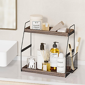 Fixwal Countertop Organizer for Bathroom, 2-Tier Wood Bathroom Counter Organizers with Basket Sink Shelf Cosmetic Storage Standing Vanity Tray Makeup Kitchen Spice Rack, Dark Brown