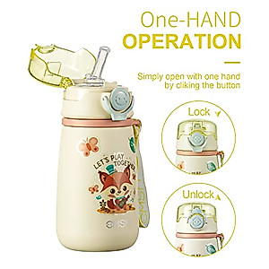 TKK Kids Insulated Water Bottle 16 oz Double Wall Vacuum Stainless Steel Thermos with Leak Proof Straw Lid & Strap Handle & Sticker (Yellow)