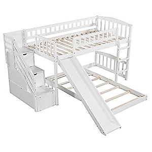 DEYOBED Twin Over Twin Wooden Bunk Bed with Slide and Storage Drawers for Kids Teens