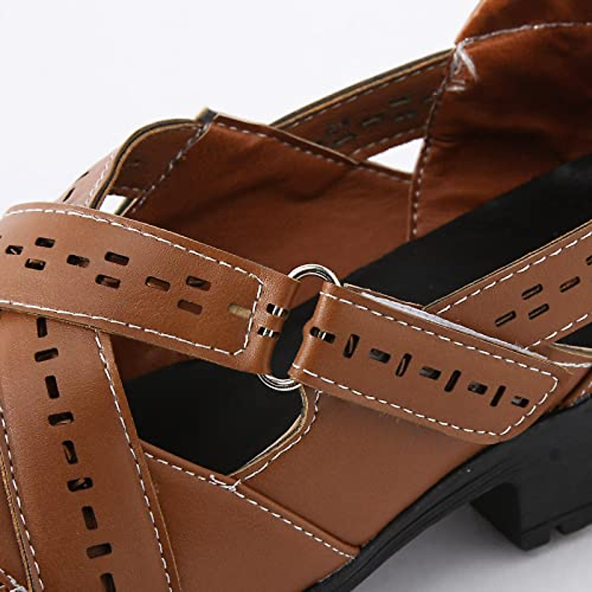 Leisure Women's Four Seasons Solid Color Non Slip Square Heels Round Toe Breathable Hook Loop Sandals Shoes Formal Tennis Shoes Women Brown