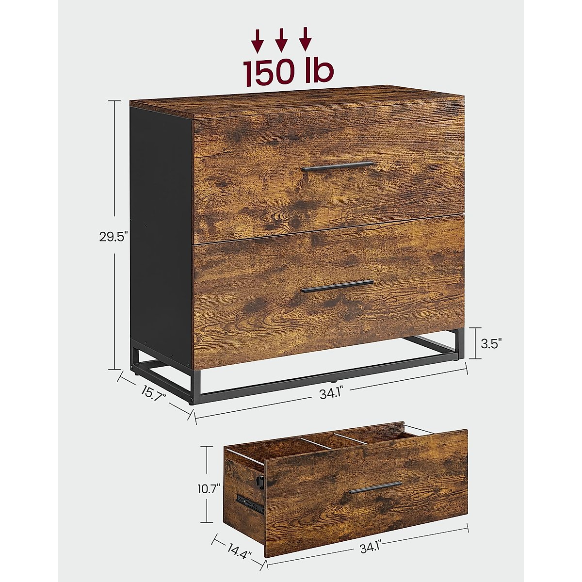 VASAGLE Lateral File Cabinet, Home Office Printer Stand, 2-Drawer Filing Cabinet, with Anti-tip Interlocking Mechanism, for A4, Letter-Size, Legal-Size Hanging Files, Rustic Brown and Black UOFC053B01